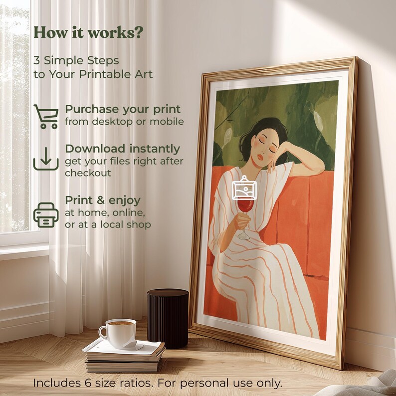 Burnt Orange Woman Relaxing With Wine Print, Minimalist Female Portrait ...