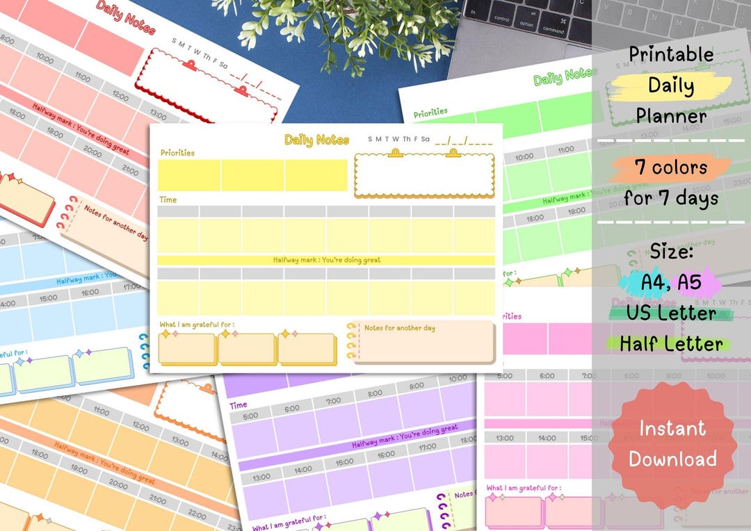 7 Color Daily Planner Printable, Undated, Everyday Notes With Schedule ...