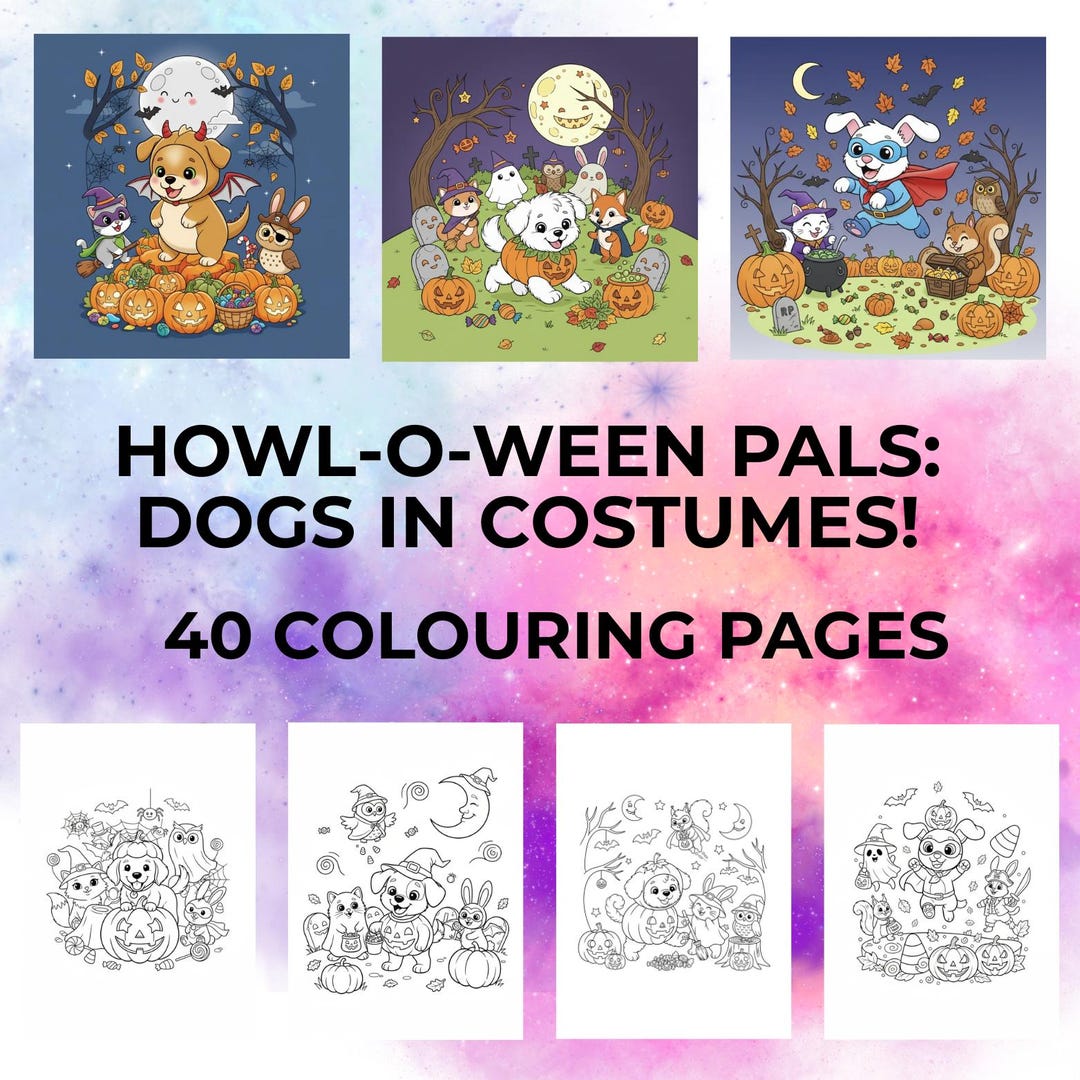 Howl-o-ween Pals: Dogs in Costumes! | Digital Coloring Book | Printable ...