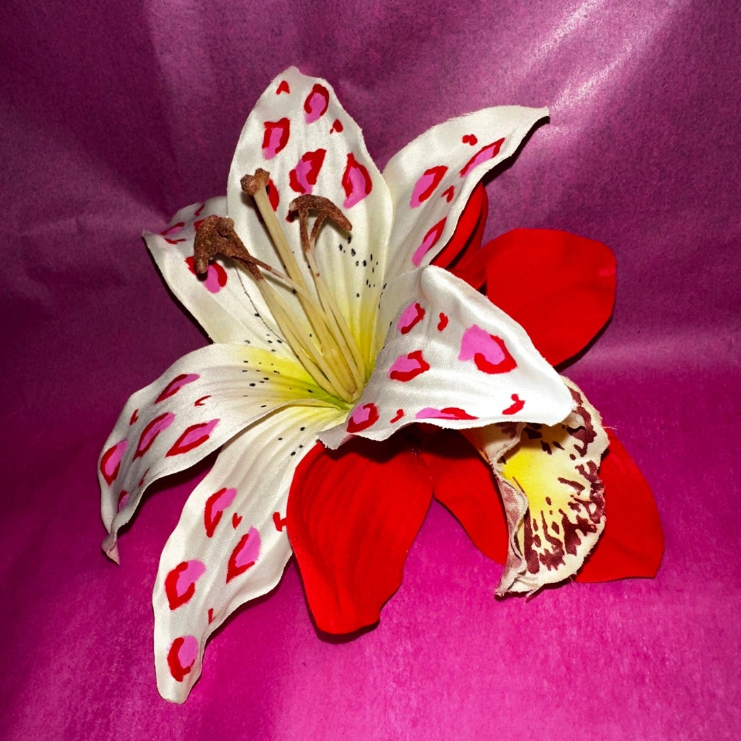 Hand Painted Leopard Print Double Lily and Orchid Pink/red Hair Flower ...