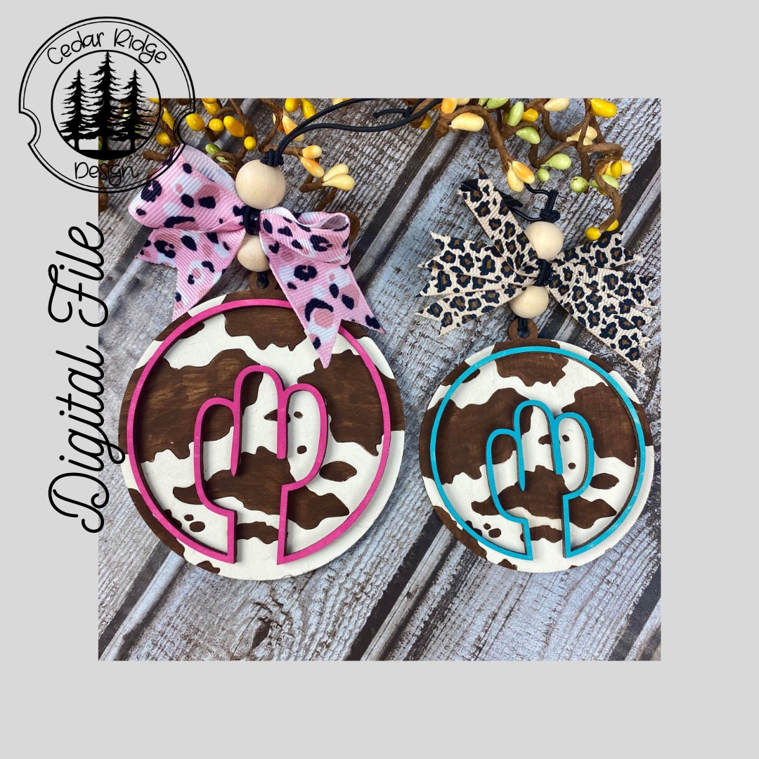 Western Cow Print Cactus Charm/car Diffuser/air Freshener/vent Clip/svg/laser Cut/digital/re ...
