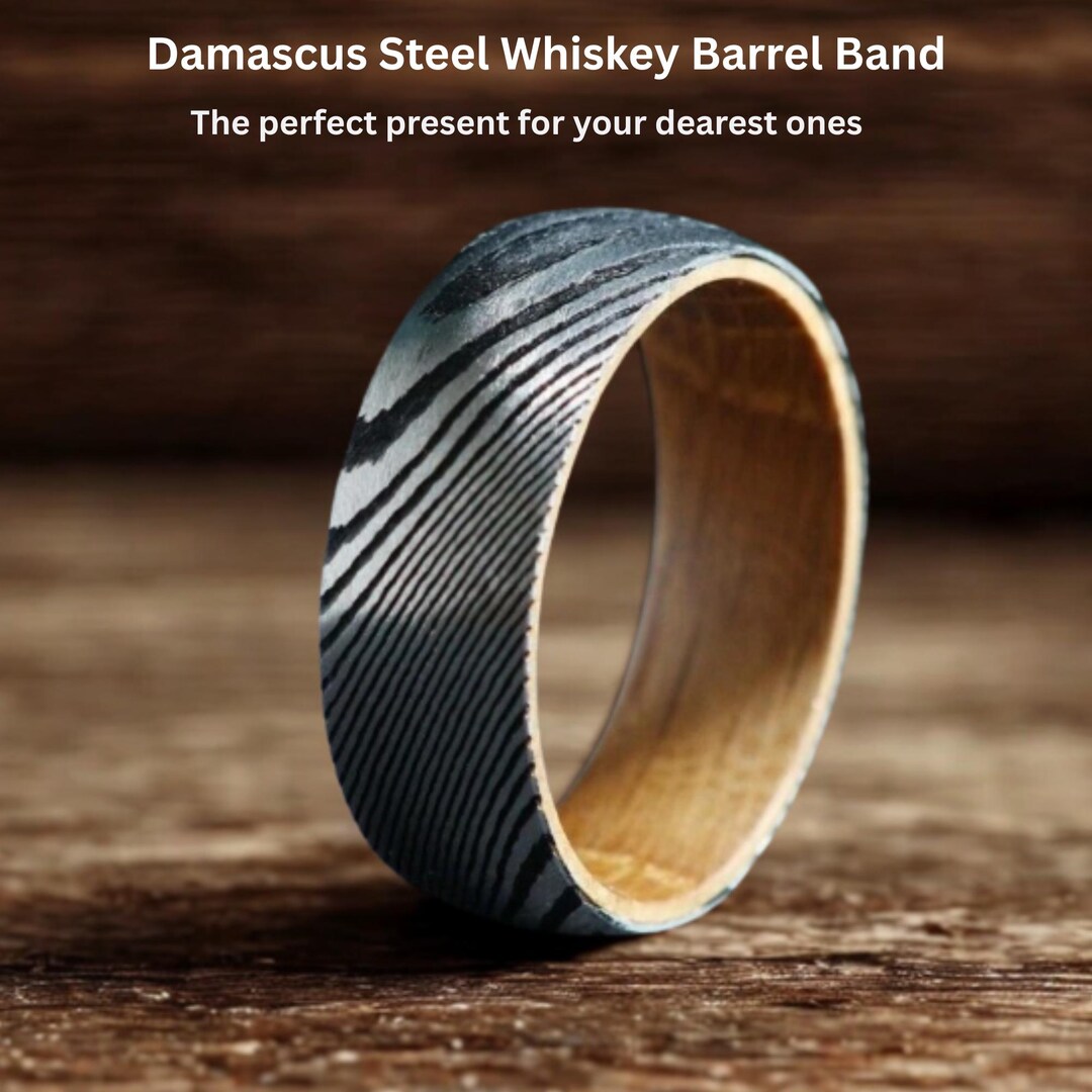 Men's Damascus Steel Whiskey Barrel Ring – Real Barrel Wood Inlay ...