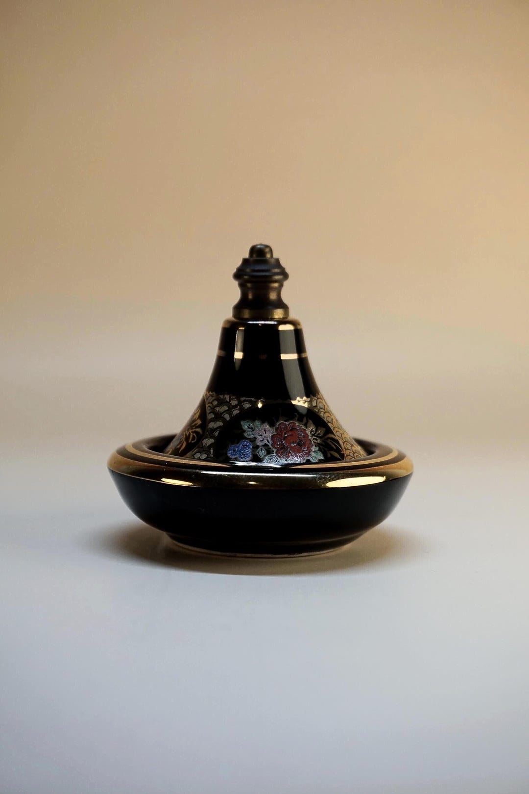 Vintage 24K Gold Plated Perfume Bottle | Black Enamel Floral Design Art ...