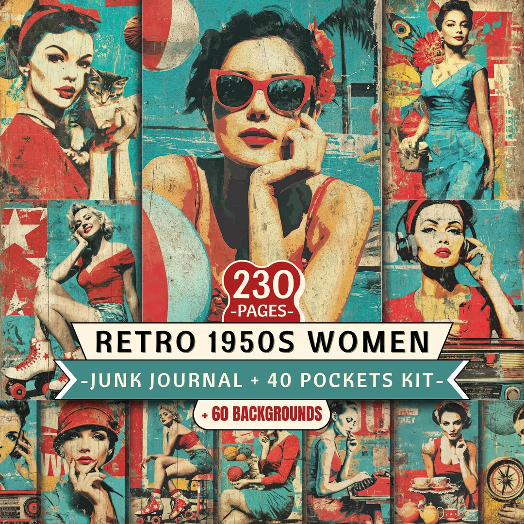 Retro 1950s Women Junk Journal Kit, 230 Pages, 40 Pockets, 60 ...