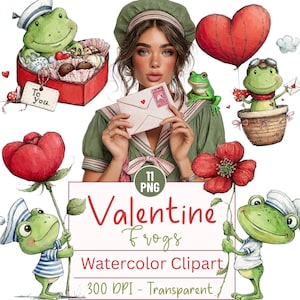 11 Valentine Frog Clipart PNG Bundle, Cute Watercolor Animal ...