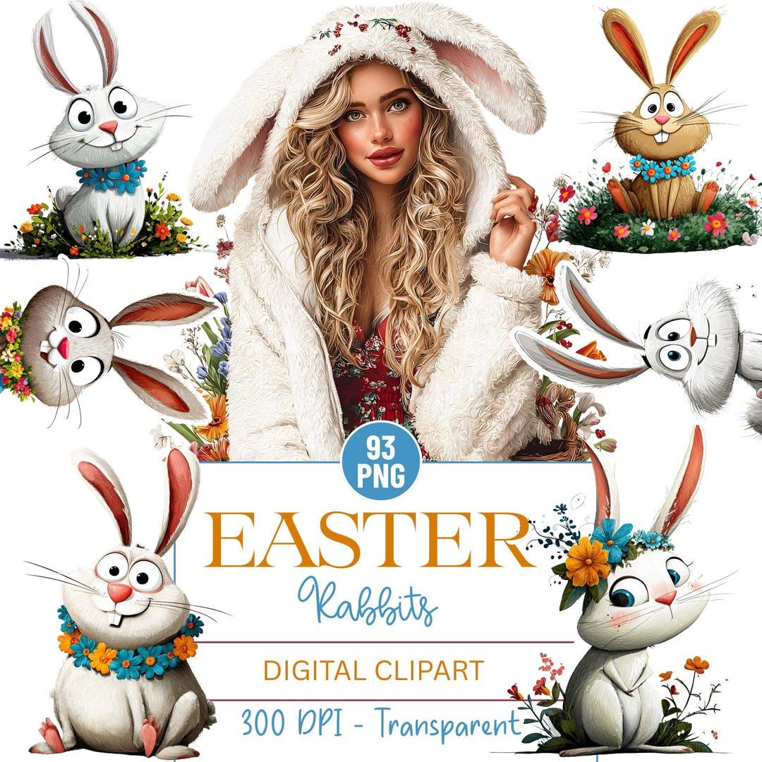 Easter Bunny Clipart, 93 PNG, Spring Floral Rabbit, Easter Gift ...
