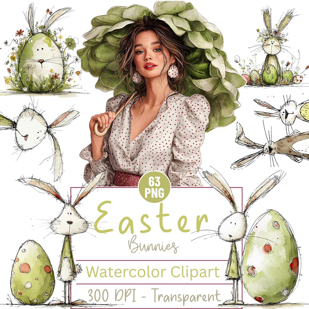 Easter Bunny Watercolor Clipart Bundle, Spring Floral PNG (digital ...