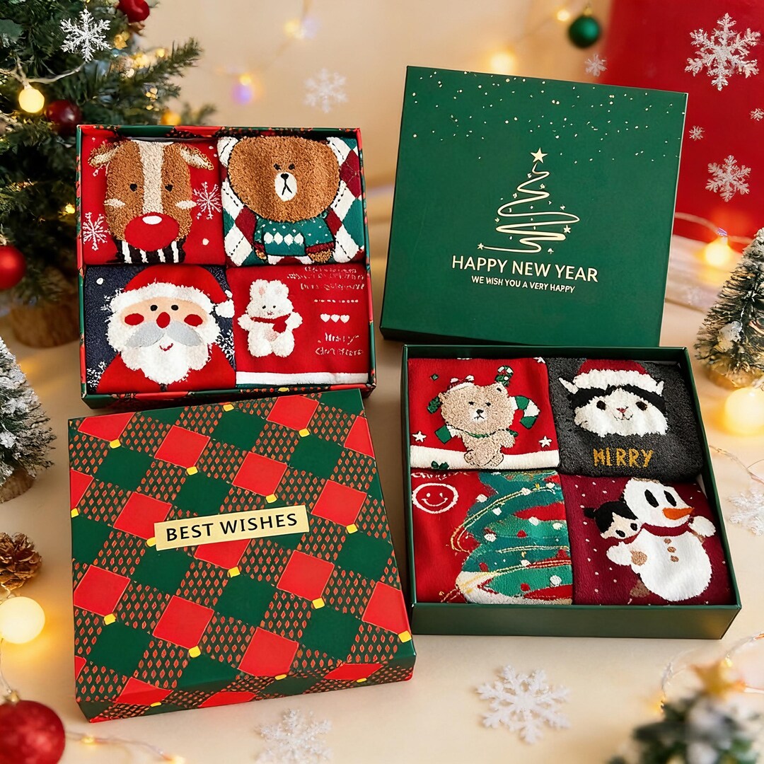 4 Pairs Christmas Socks Gift Box – Holiday Winter Warm Socks Set, Cute ...