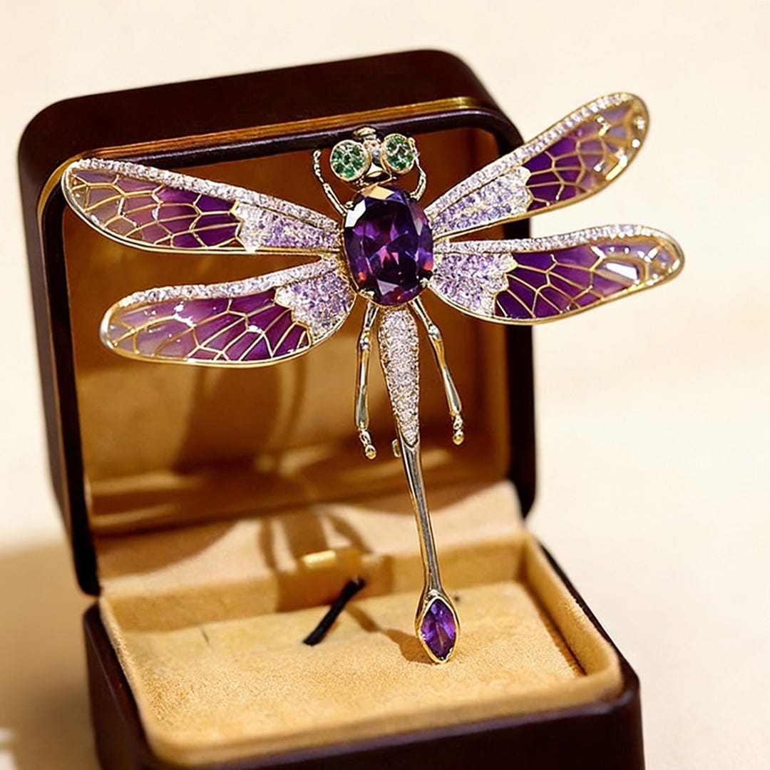Handmade Purple Enamel Crystal Dragonfly Brooch, Elegant Insect Pin ...