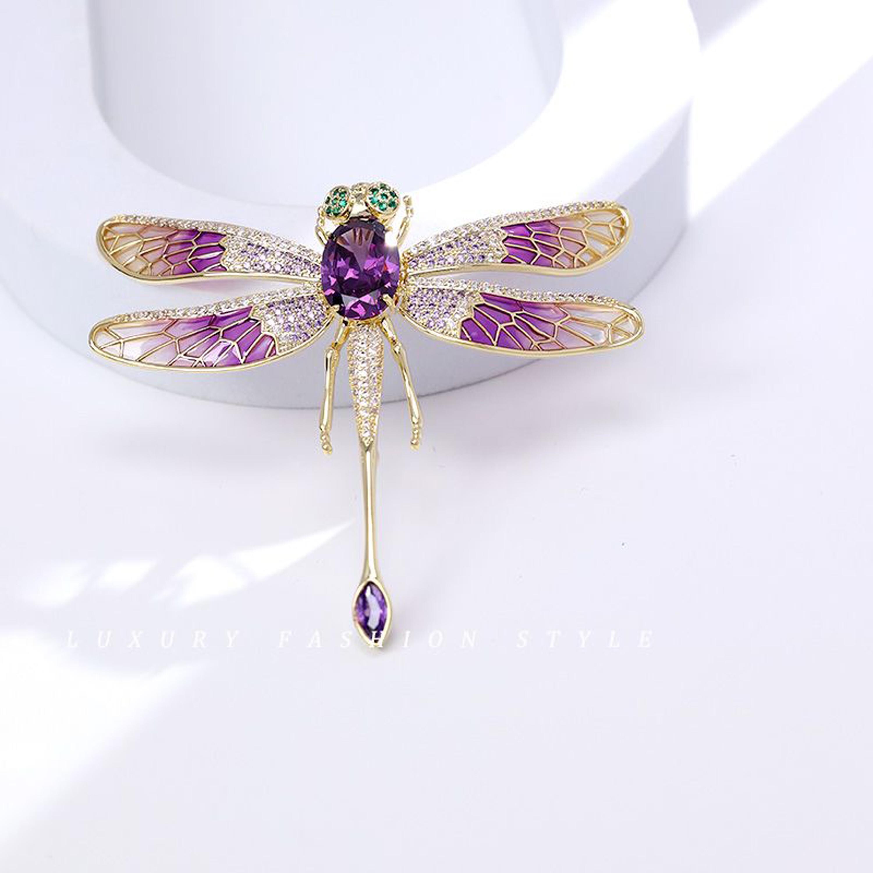 Handmade Purple Enamel Crystal Dragonfly Brooch, Elegant Insect Pin ...