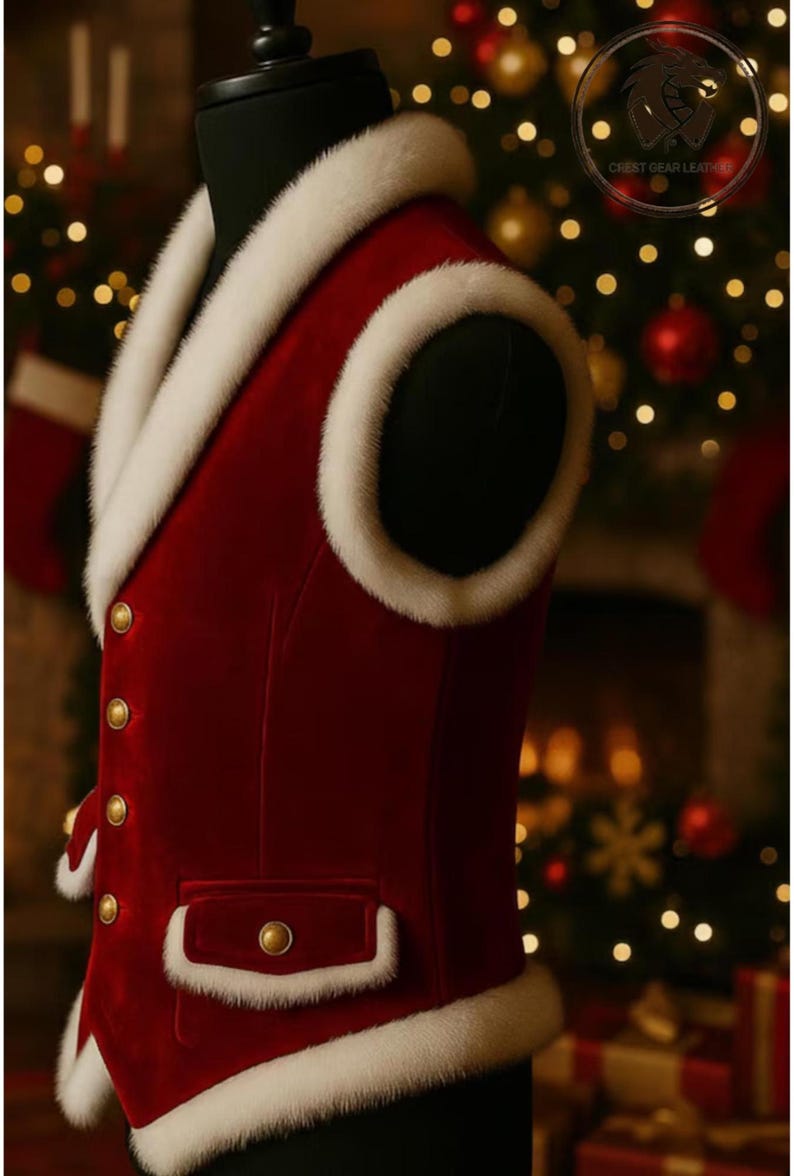 Men’s Red Velvet Christmas Vest With White Faux Fur Trim | Santa ...