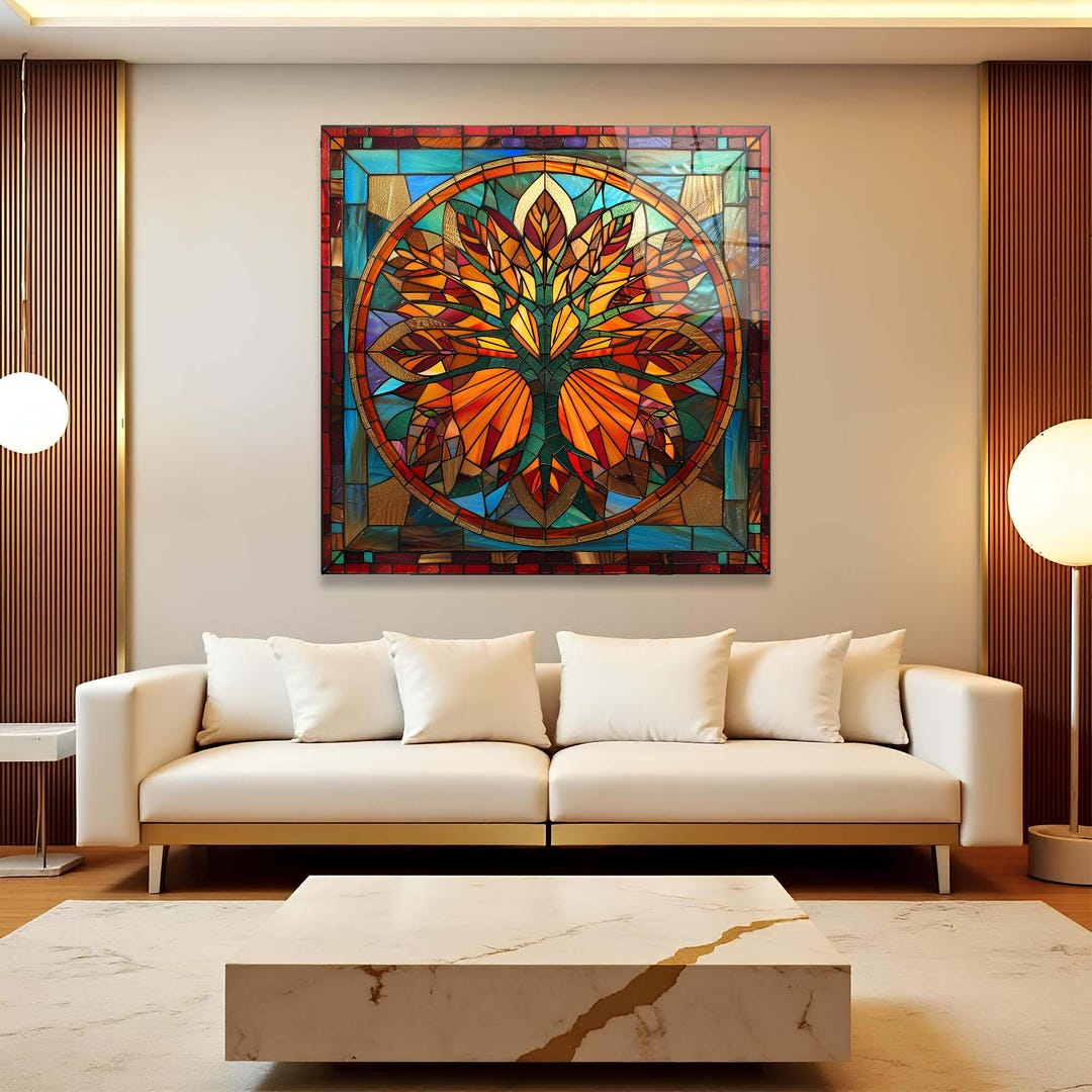 Tree of Life Stained Glass Wall Art, Fiery Mosaic Look Glass Wall Decor ...