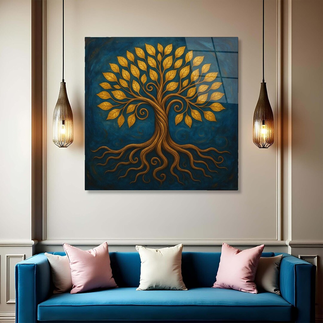 Golden Tree of Life Tempered Glass Wall Art, Spiritual Symbolism Decor ...