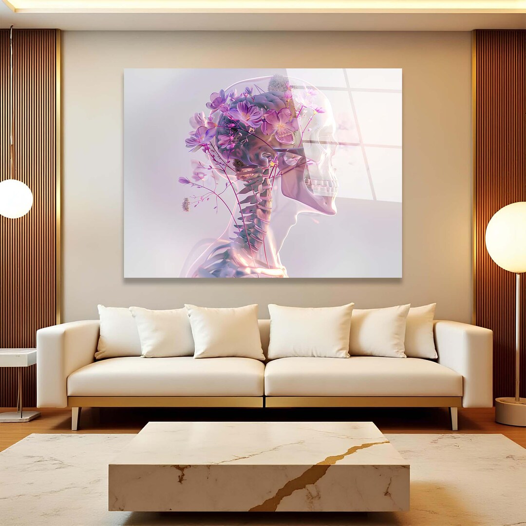 Floral Anatomy Glass Wall Art – Elegant Skeleton With Blossoms Design ...
