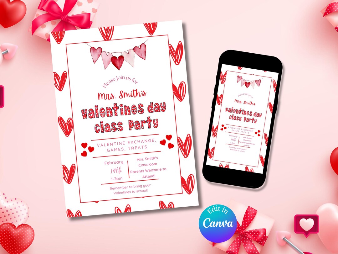 Valentine’s Day Classroom Party Invite | School Valentine Party ...