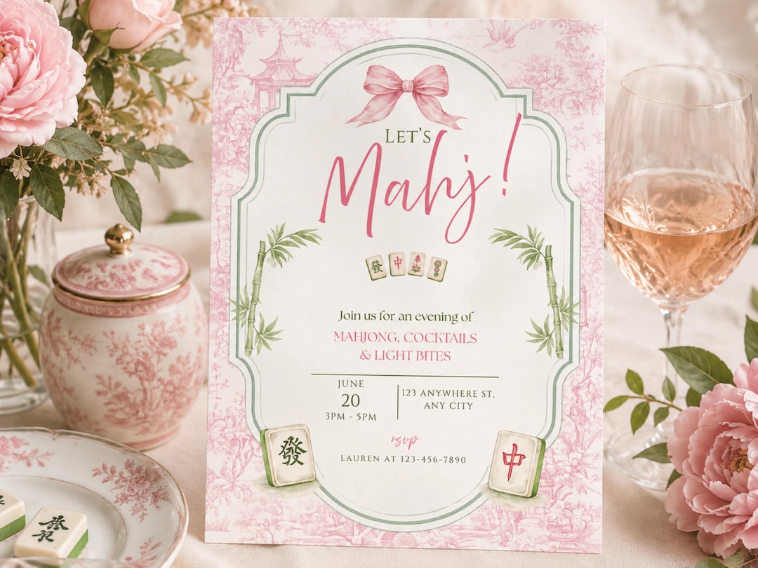 Let’s Mahj Invitation Template, Mahjong Party Invite, Preppy Pink ...
