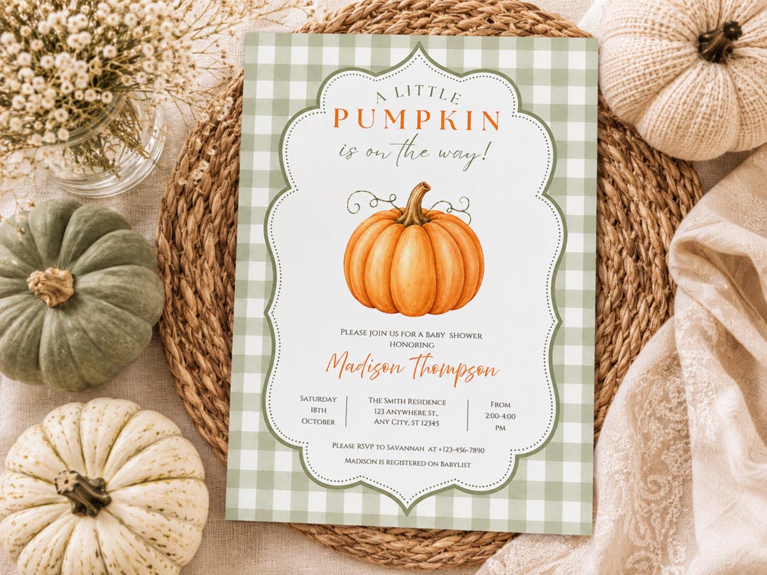 Little Pumpkin Baby Shower Invitation Template, Sage Green Gingham Fall ...