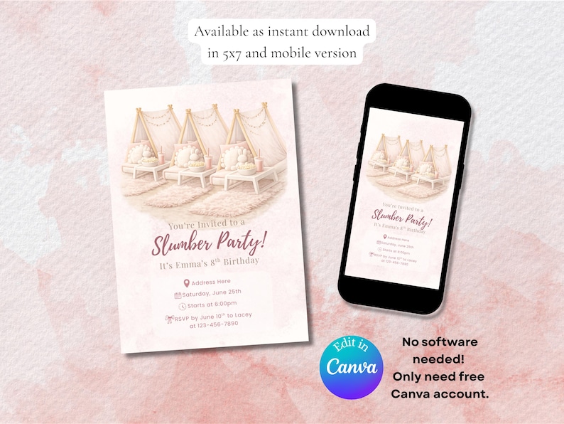Slumber Party Invitation, Girls Sleepover Birthday Invite, Editable ...