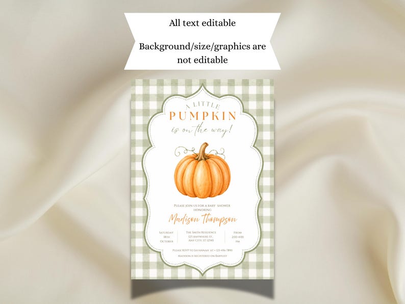 Little Pumpkin Baby Shower Invitation Template, Sage Green Gingham Fall ...