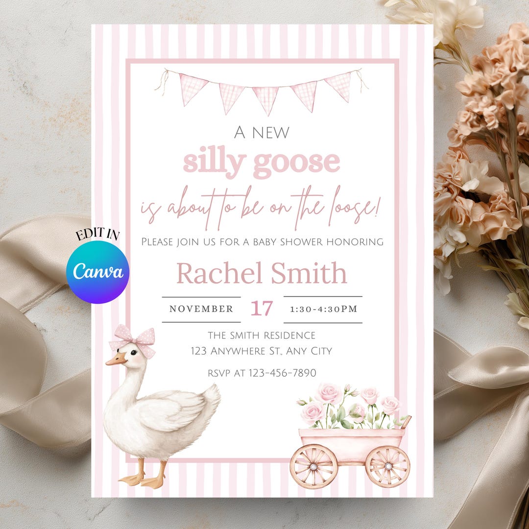 Silly Goose Baby Shower Invitation, Pink Floral, Editable Canva ...