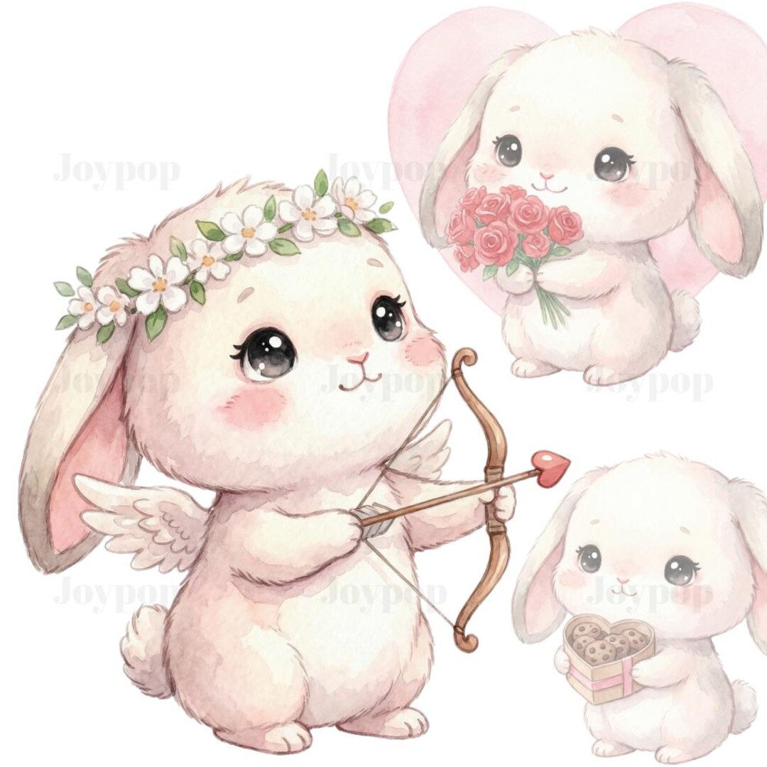 24 Valentine Bunny Clipart Set, Watercolor Rabbit PNG, Love Animals ...