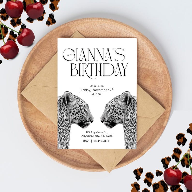 Black & White Leopard Birthday Invitation: Editable Party Template ...