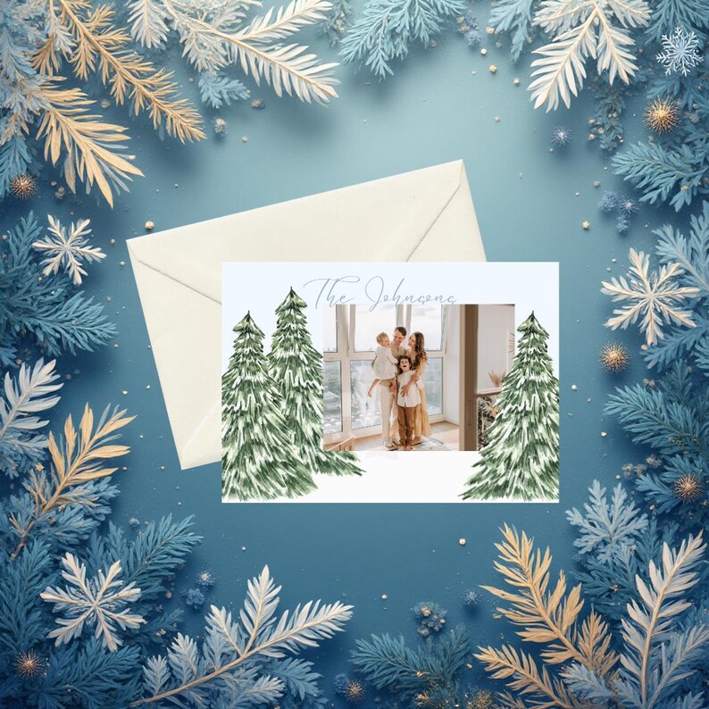 Blue Landscape Christmas Card Template; Christmas Trees and Ornament ...