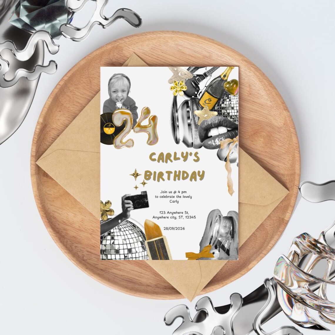 Black Gold Birthday Invitation: Collage Canva Template, Editable Party ...