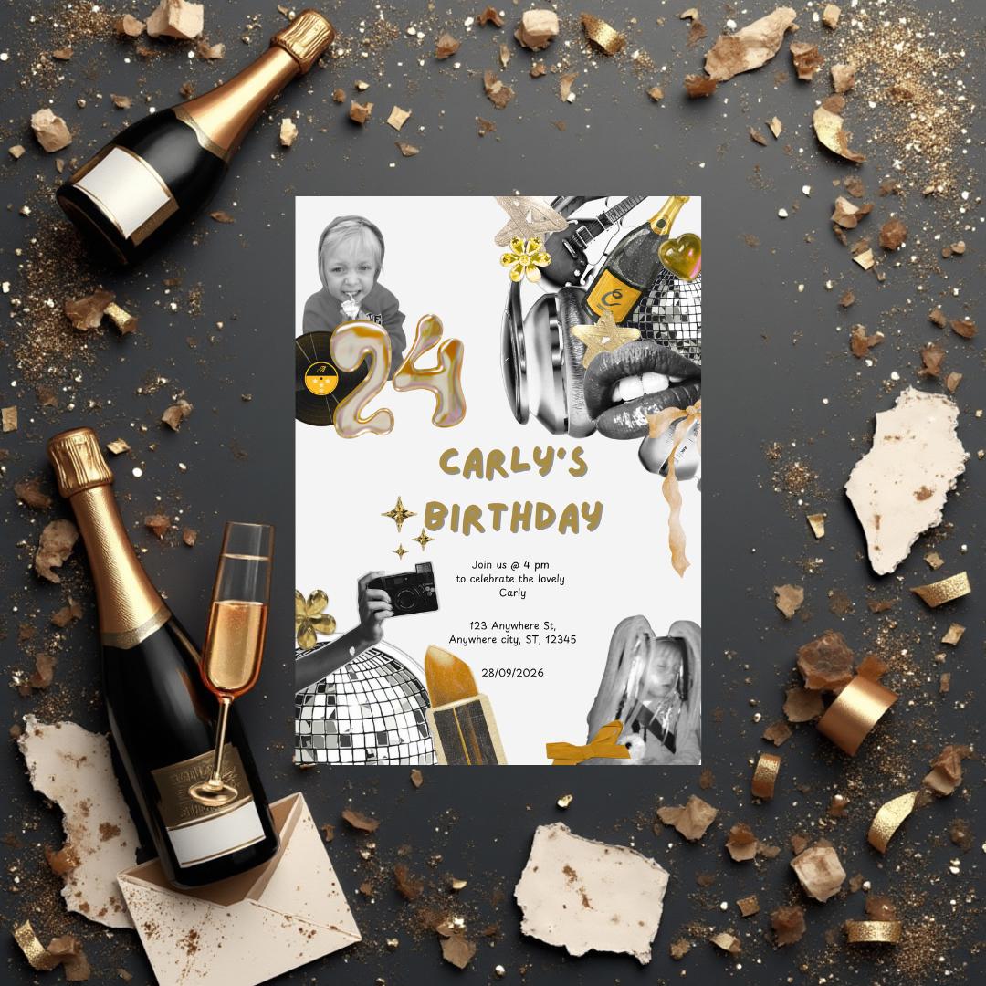 Black Gold Birthday Invitation: Collage Canva Template, Editable Party ...