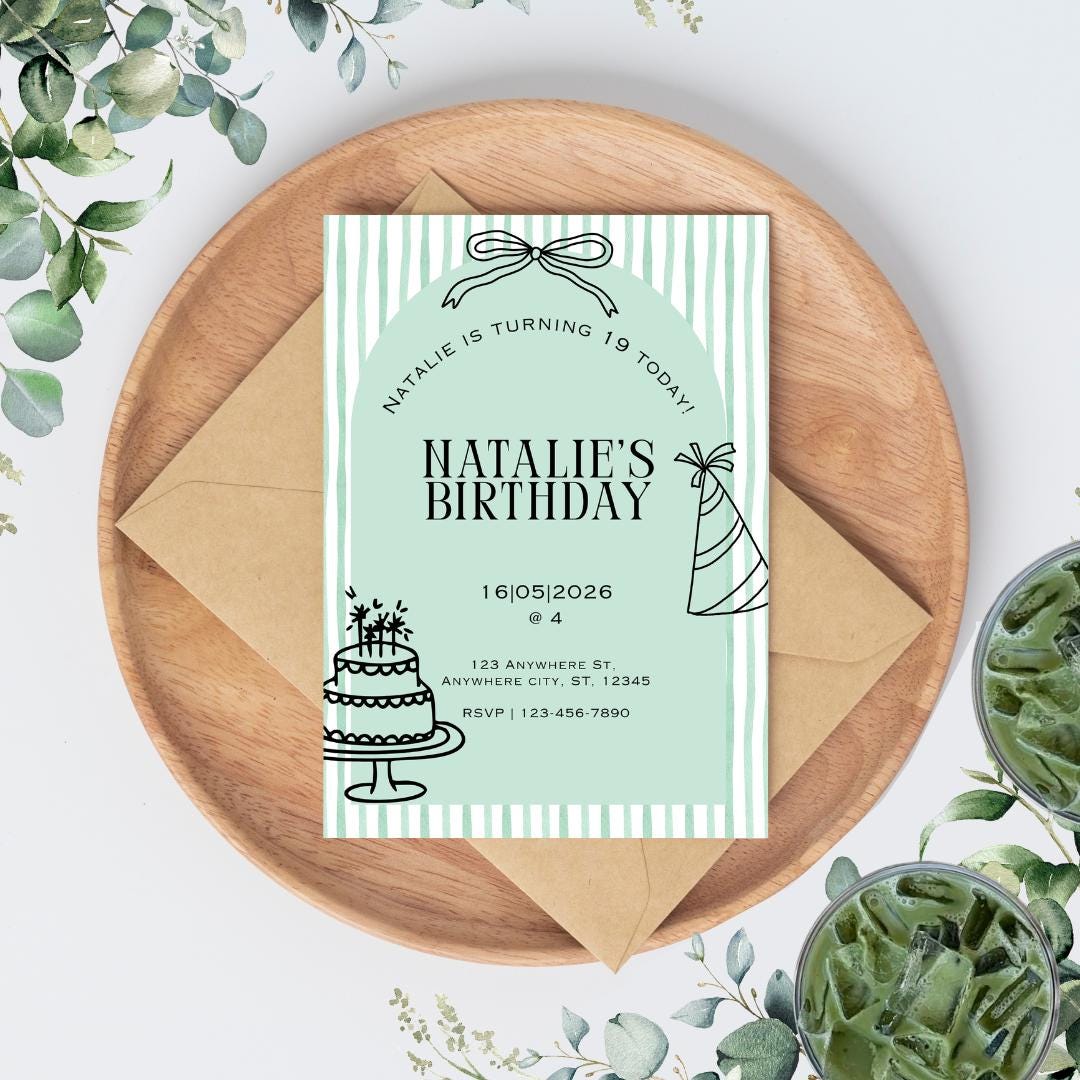 Green Birthday Invitation: Editable Canva Template, Elegant Modern ...