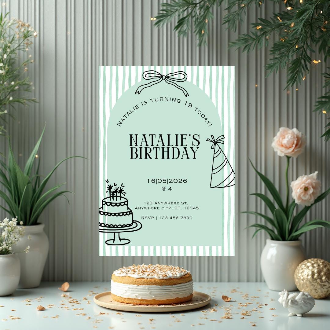 Green Birthday Invitation: Editable Canva Template, Elegant Modern ...