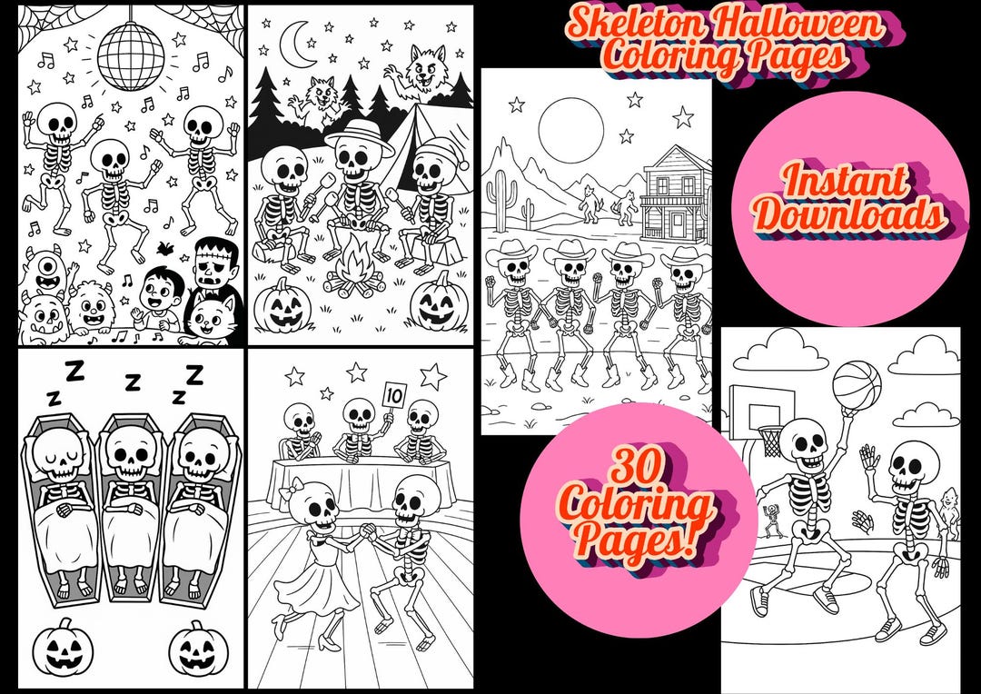 Skeleton Halloween Coloring Pages: Printable Activity Book (PDF ...