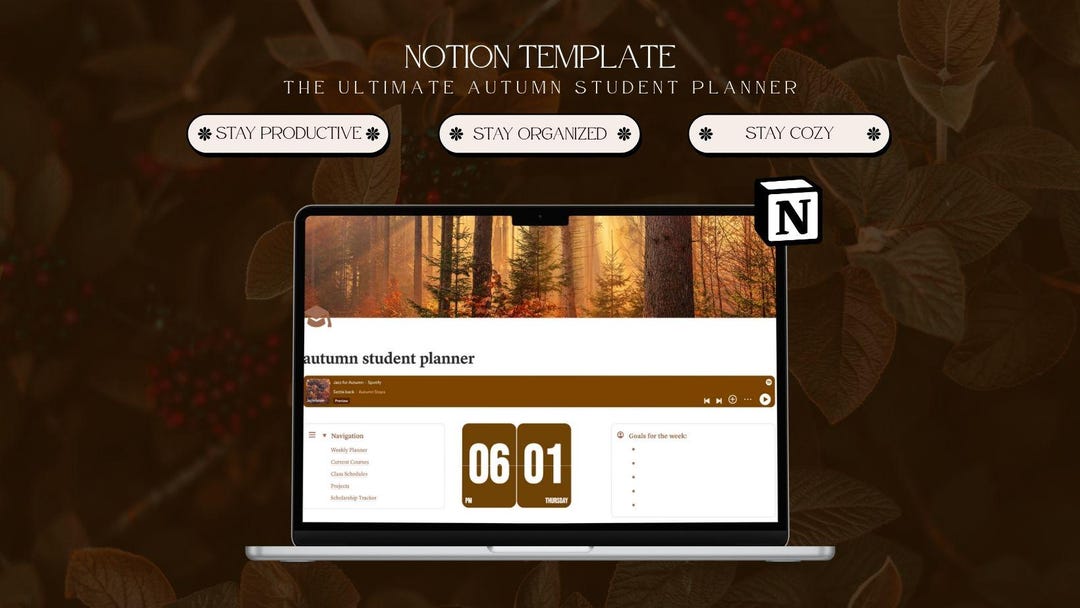 Autumn Notion Student Planner | Digital College Organizer, Weekly Goals ...