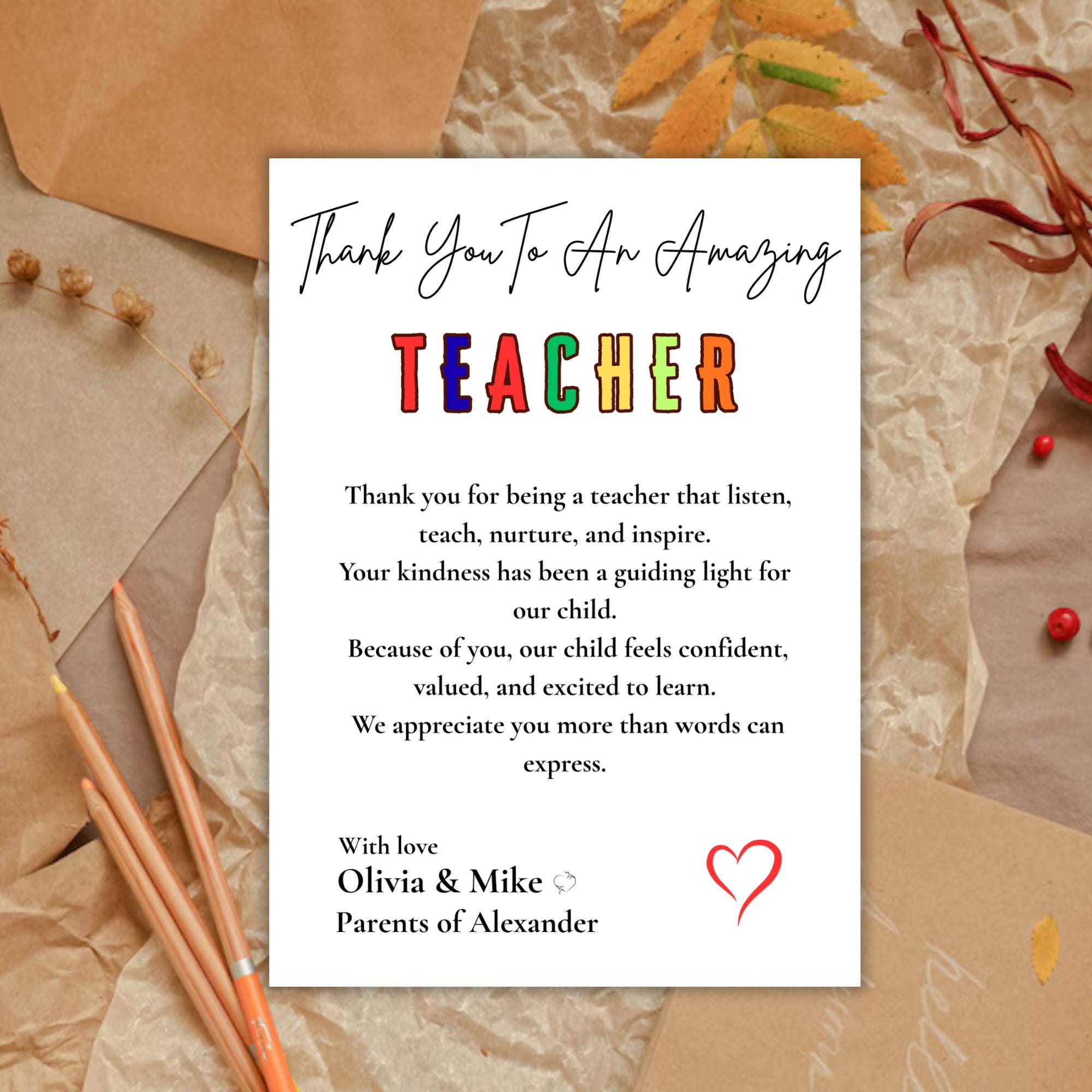 Editable Thank You Note From Parents to Teacher, Teacher Appreciation ...