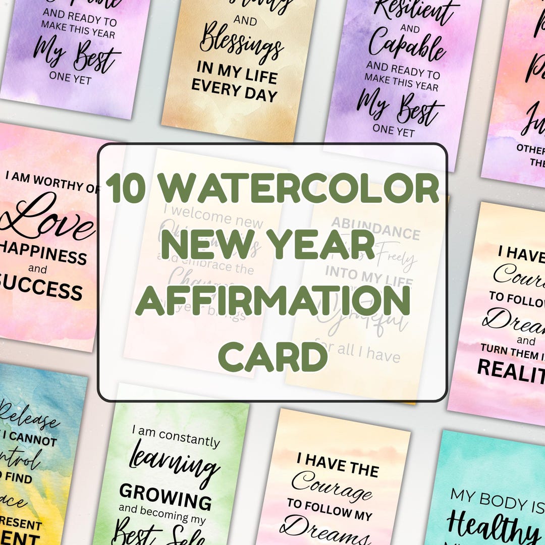 Colorful Watercolor Set, 10 New Year Affirmation Cards, Inspirational ...