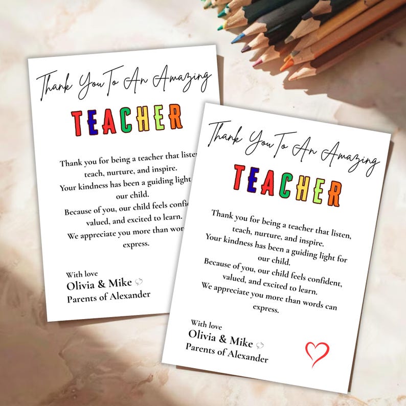 Editable Thank You Note From Parents to Teacher, Teacher Appreciation ...