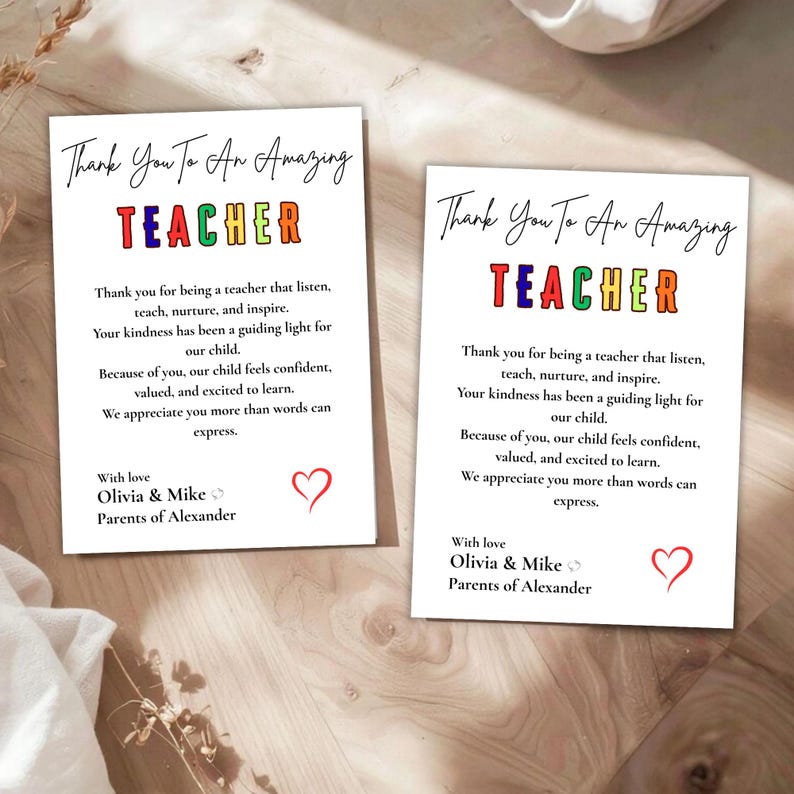Editable Thank You Note From Parents to Teacher, Teacher Appreciation ...