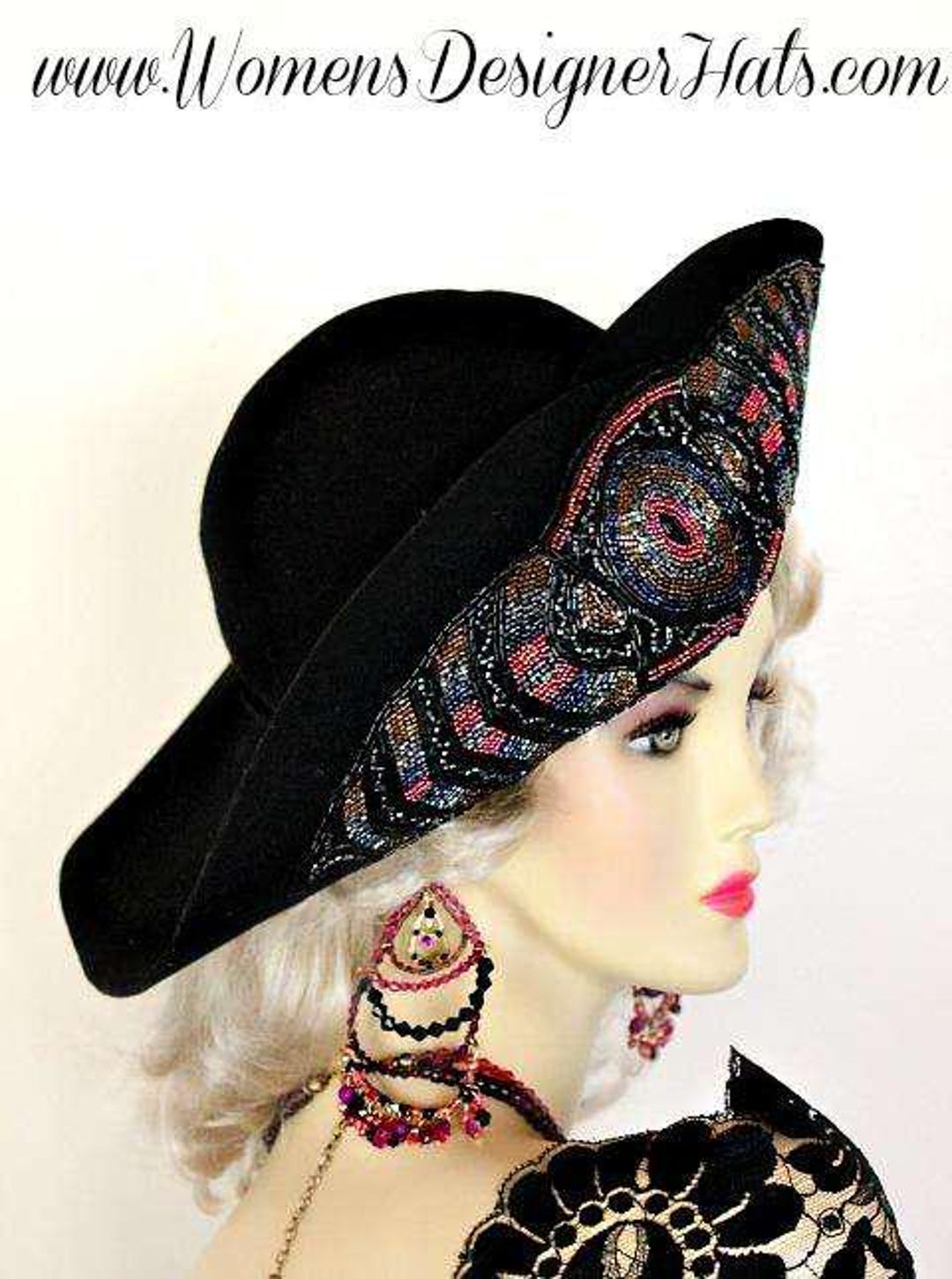 Avant Garde Haute Couture Black Winter Wool Floppy Beaded Wide Brim ...