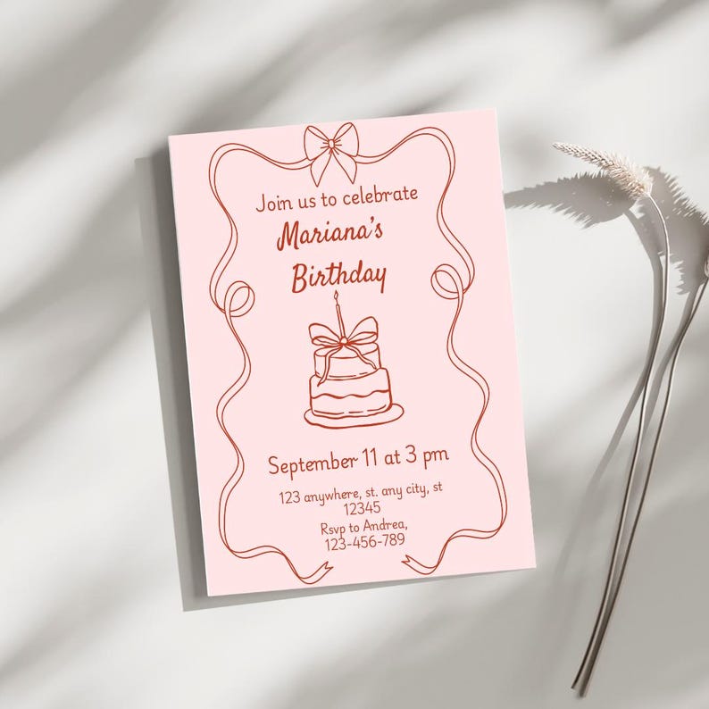 Pink Bow Birthday Invitation Template, Girly Cake Party (digital ...