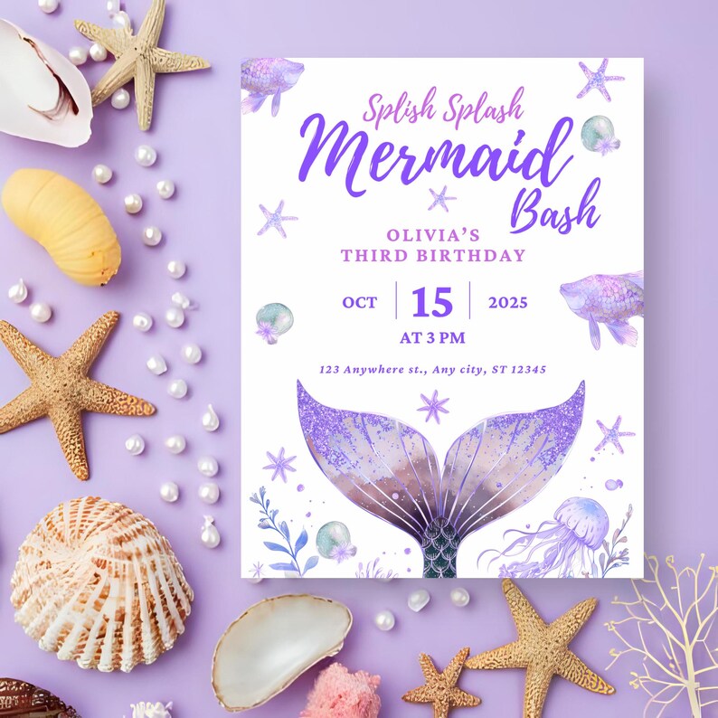 Editable Mermaid Birthday Party Invitation | Under the Sea Canva ...