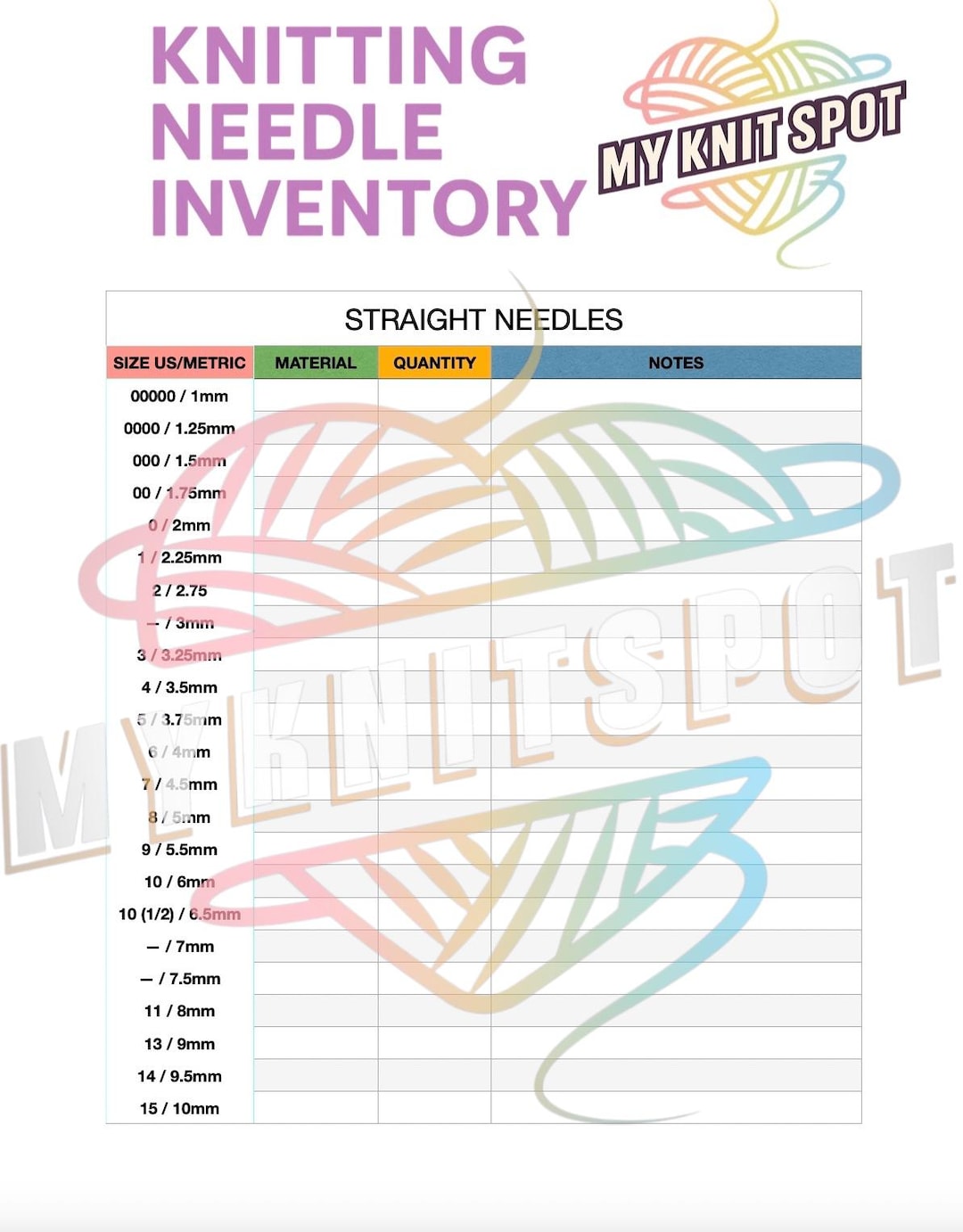 Knitting Needle Inventory Tracker Bundle (PDF Instant Download) - Etsy
