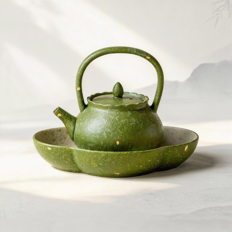 Handmade Green Ceramic Teapot With Gold Detailing | Elegant Oriental ...