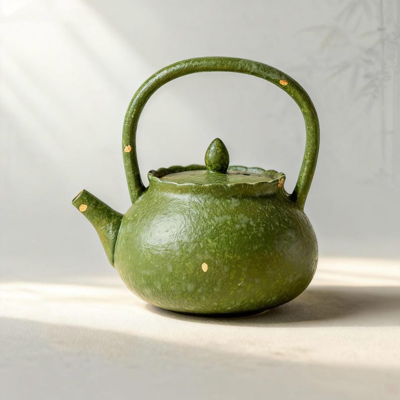 Handmade Green Ceramic Teapot With Gold Detailing | Elegant Oriental ...