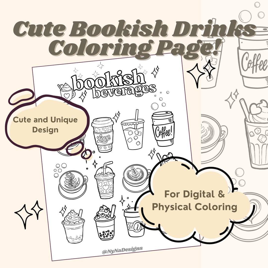 Bookish Drinks Coloring Page: Cute Coffee Design (PDF & PNG) - Etsy