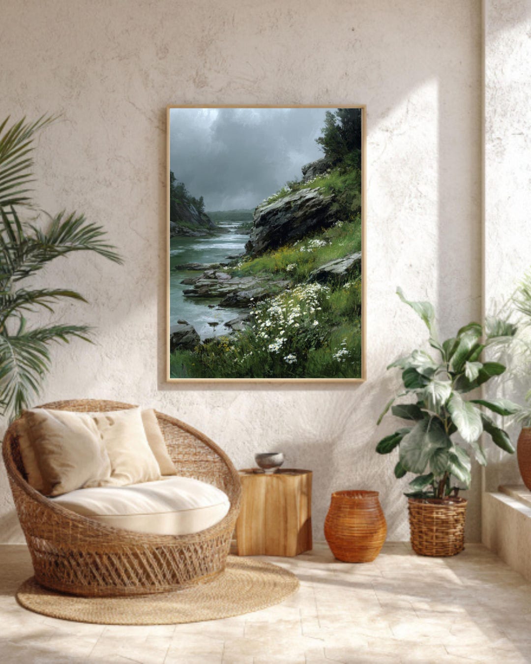 Overcast River Landscape With White Rocks & Wildflowers | Brushstroke ...