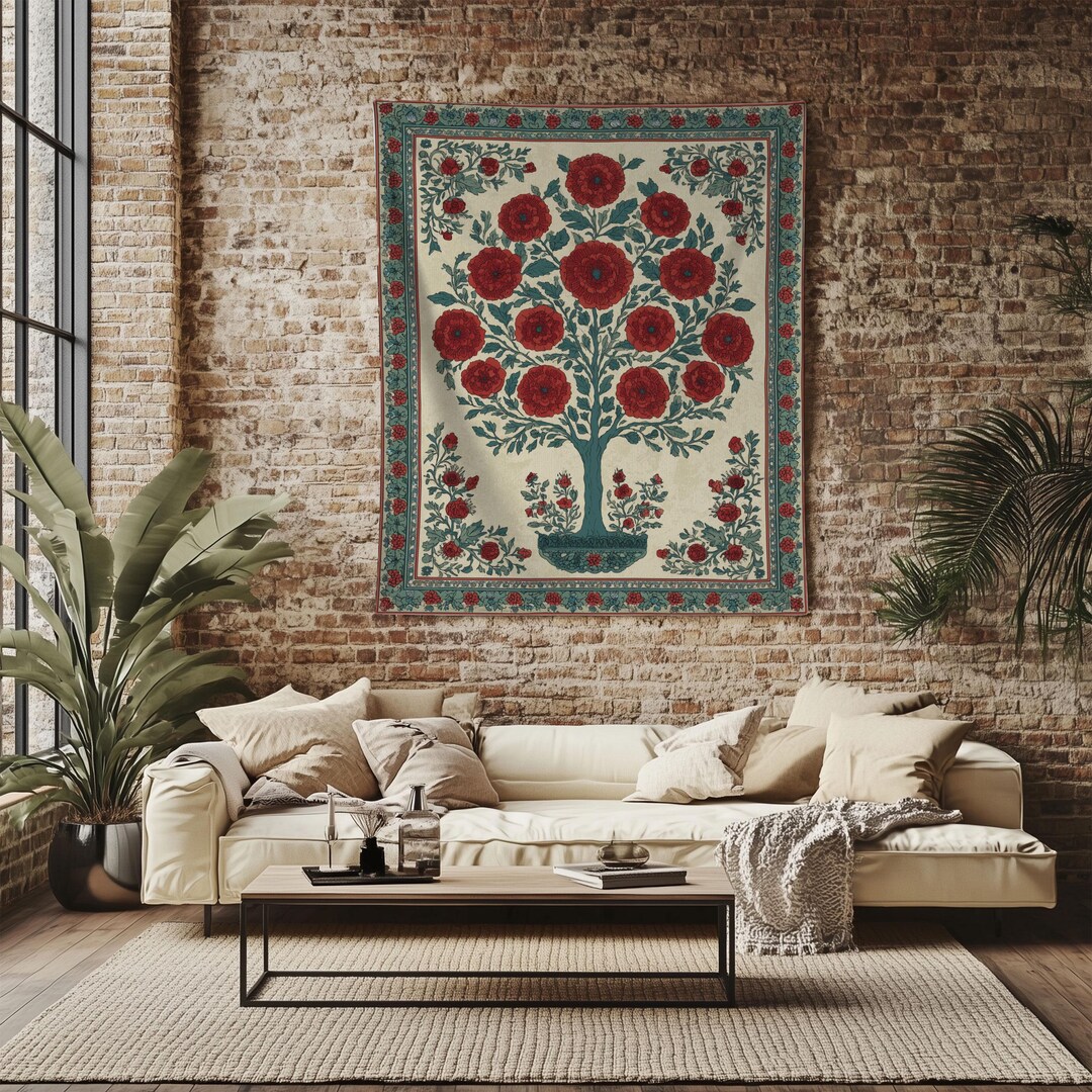 Tree of Life Lightweight Printed Tapestry, Red Rose Botanical Wall ...