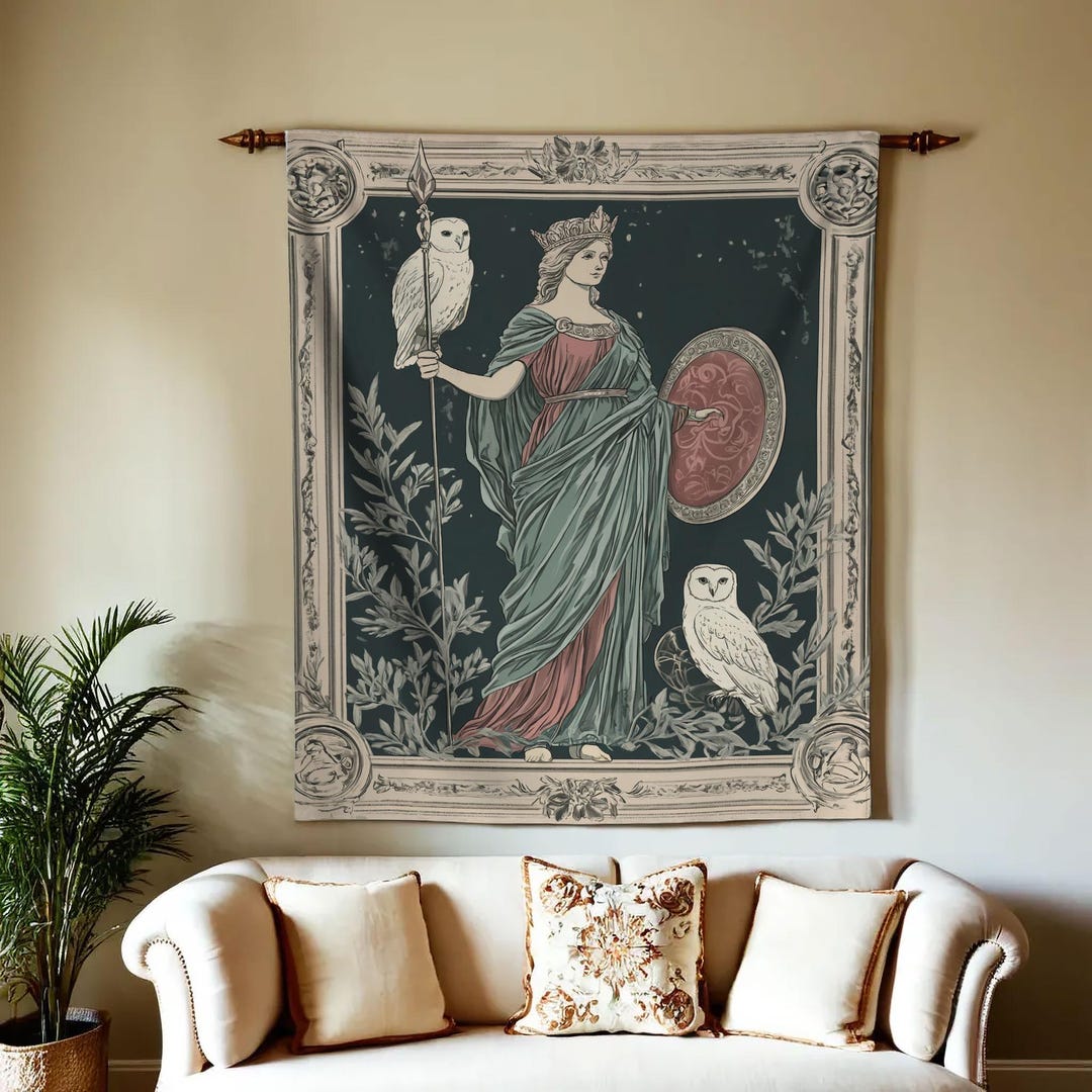 Goddess Athena Tapestry, Greek Mythology Wall Hanging, Wisdom Owl Art ...