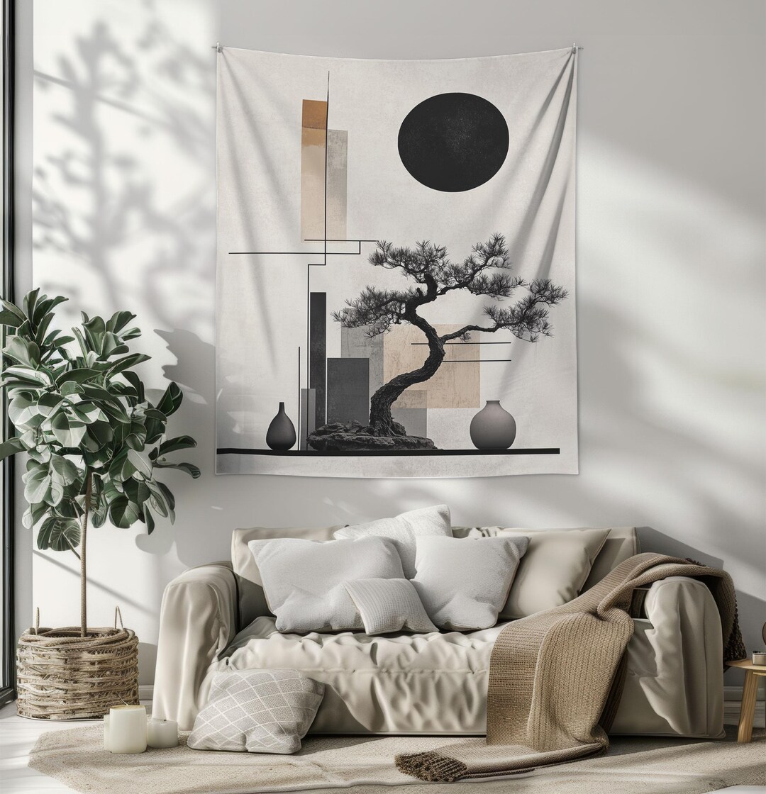 Japanese Zen Tapestry, Bonsai Tree Wall Hanging, Minimalist Abstract ...