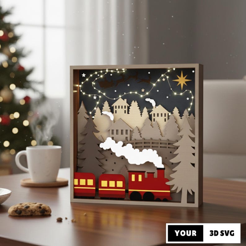 3D Christmas Village Laser Cut Lightbox, Layered Christmas Train Scene ...
