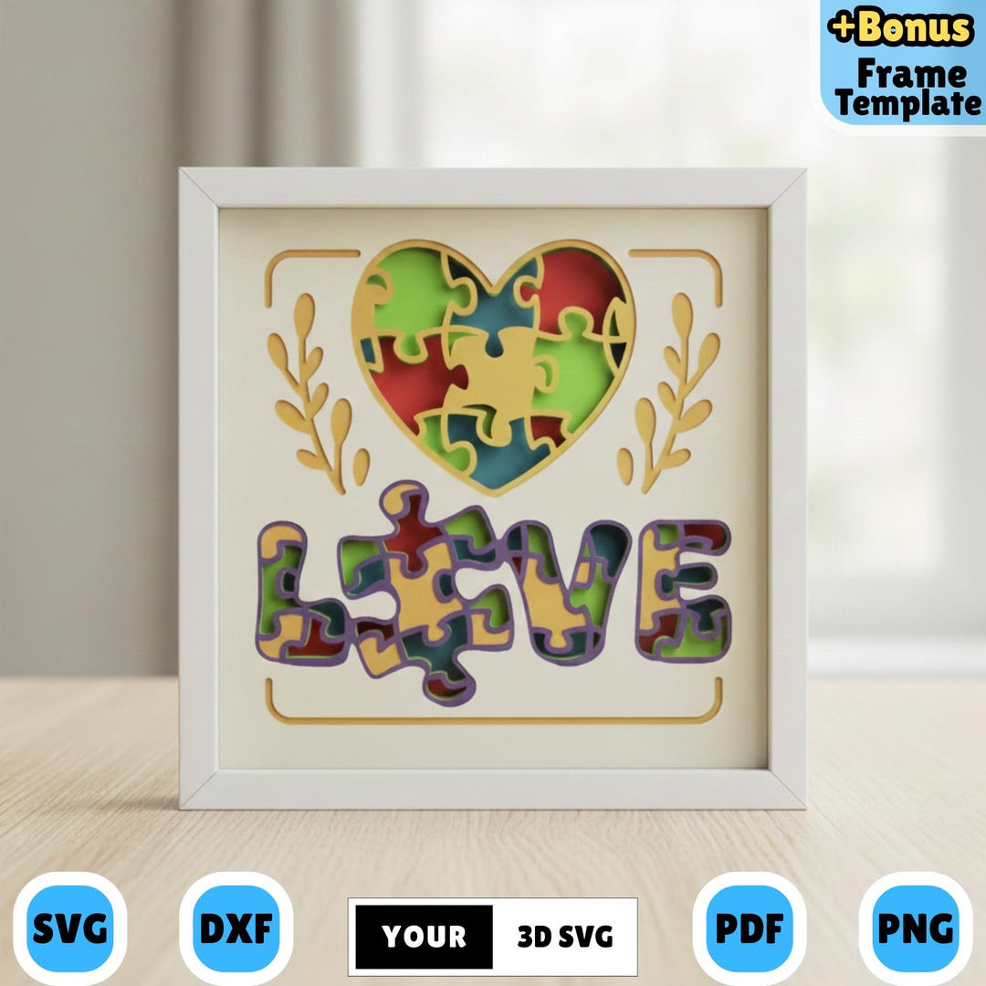 Autism Love Shadow Box SVG 3D, Layered Paper Cut Puzzle Heart Design ...